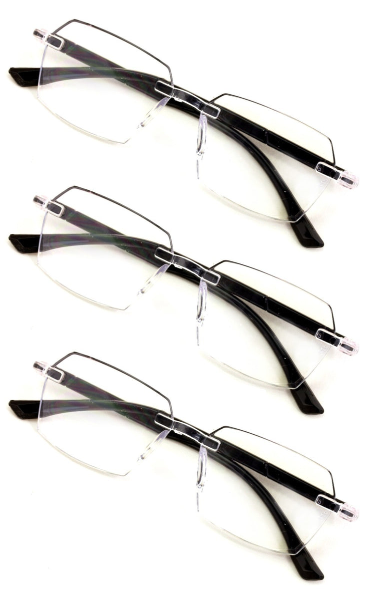 3 Pairs of Rimless Hexagon lightly tinted anti-blue reading glasses ...