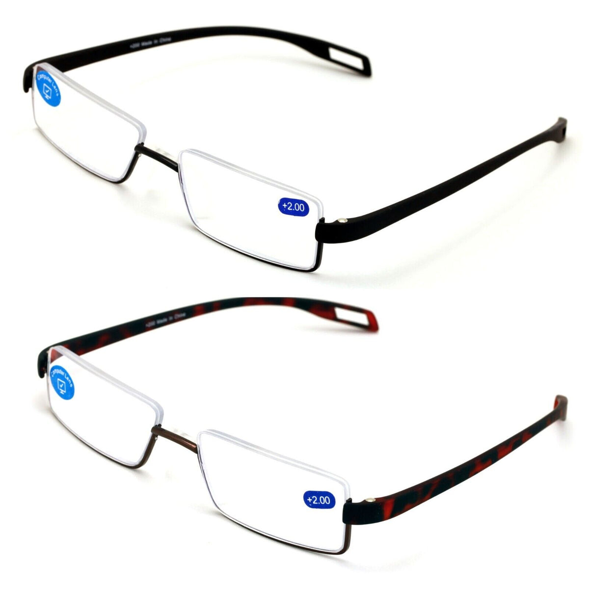 2 Pairs Featherweight Slim Half Rim Memory Flex Reading Glasses With A ...