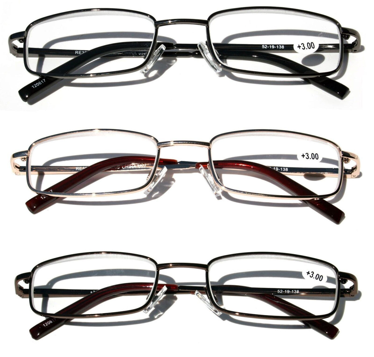 3 Pairs Slim Metal Rectangular Reading Glasses Spring Hinge High Power ...