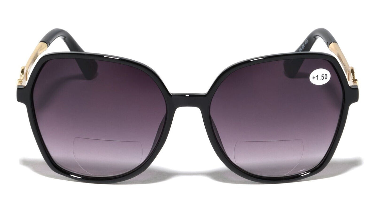 Women Hexagonal Oversized Bifocal Reading Sunglasses - Metal Temple Re ...